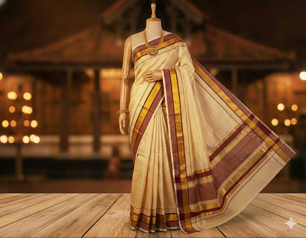 Maroon & Gold Tissue Set Mundu with Tassels – MD Vogue