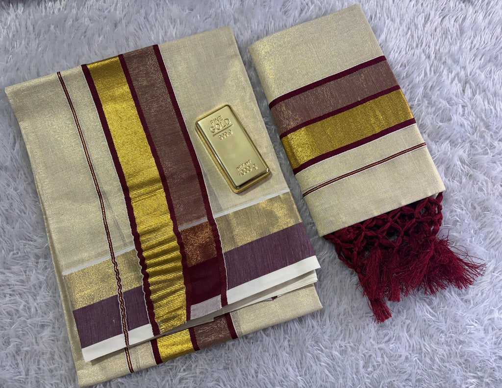 Maroon & Gold Tissue Set Mundu with Tassels – MD Vogue