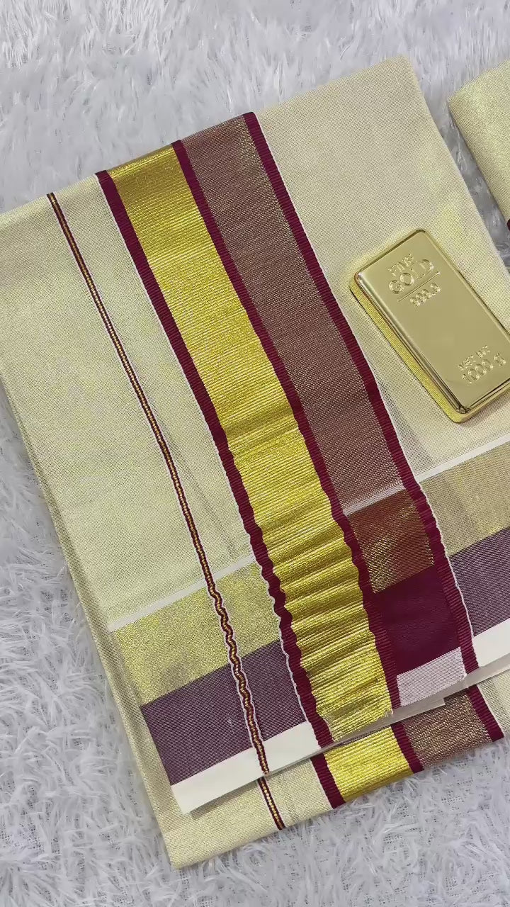 Maroon & Gold Tissue Set Mundu with Tassels – MD Vogue